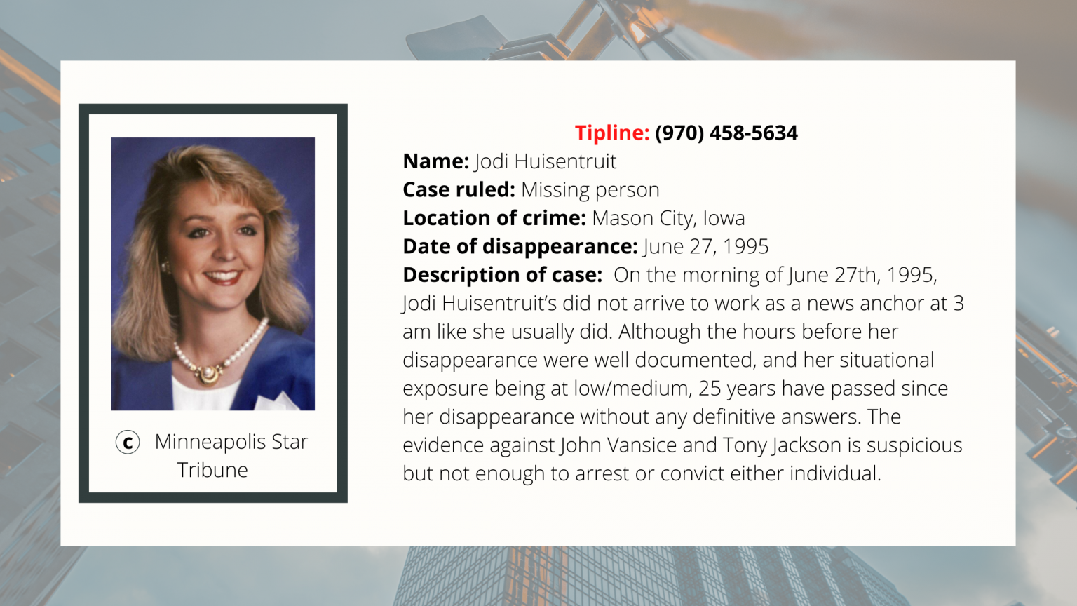 Jodi Huisentruit – Minnesota's Unsolved Missing Person and Homicide Cases